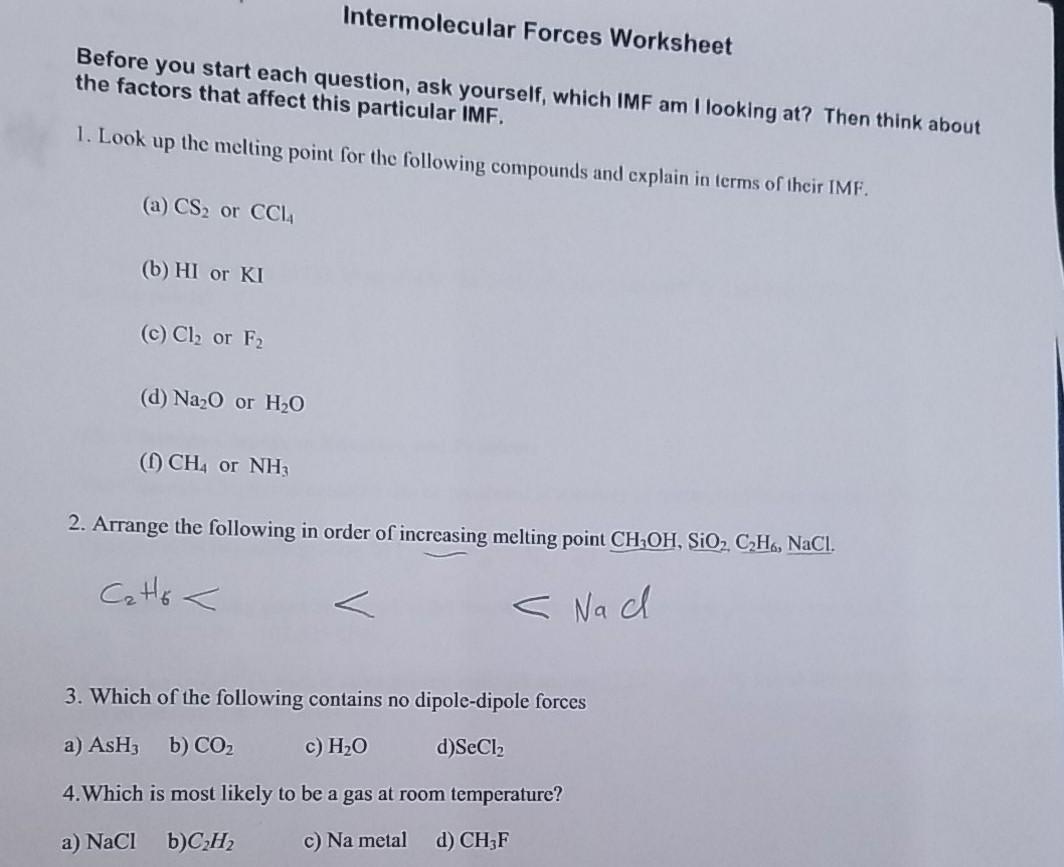 Solved Intermolecular Forces Worksheet Before you start each | Chegg.com