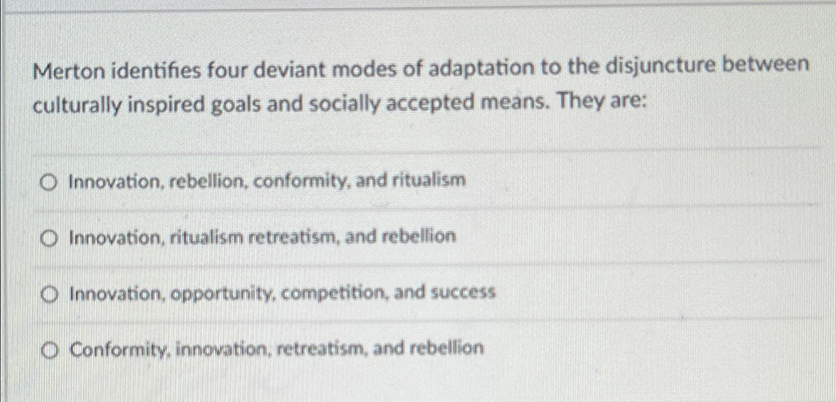 Solved Merton identifies four deviant modes of adaptation to | Chegg.com