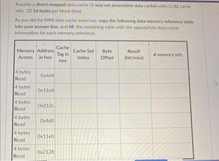 Assume a direct-mapped data cache (1-way set | Chegg.com