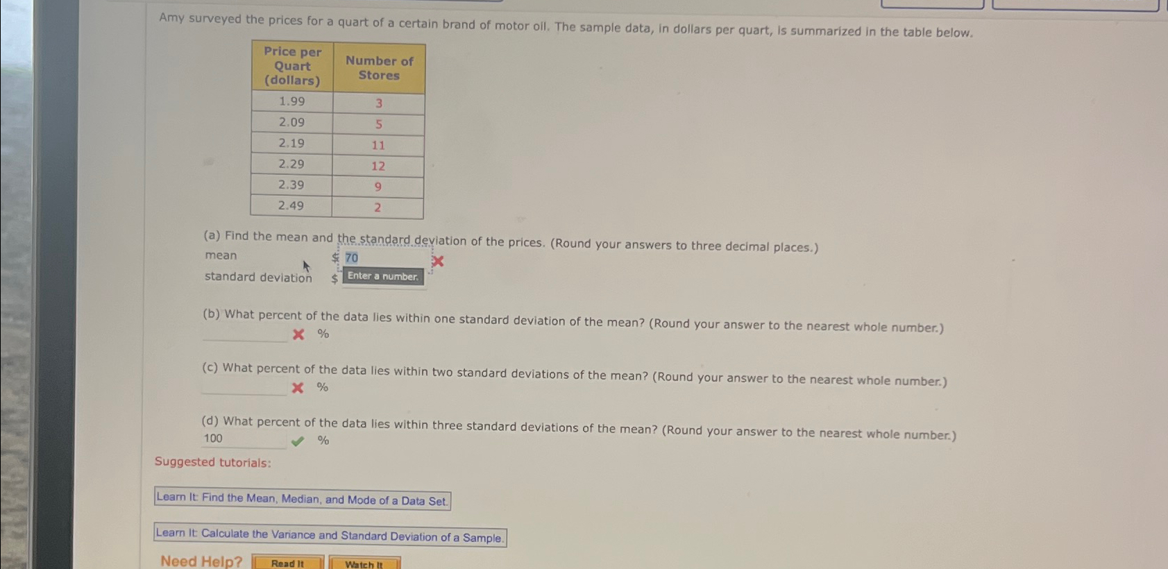 Solved Amy surveyed the prices for a quart of a certain | Chegg.com