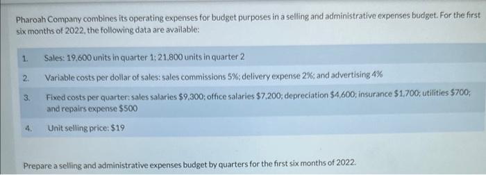 Solved Pharoah Company combines its operating expenses for | Chegg.com