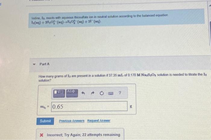 Solved Iodine, I2, reacts with aqueous thiosulfate ion in | Chegg.com