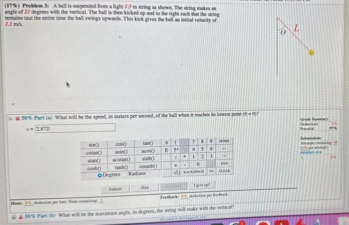 Solved (17\%) Problem 3: A ball is suspended from a light I | Chegg.com