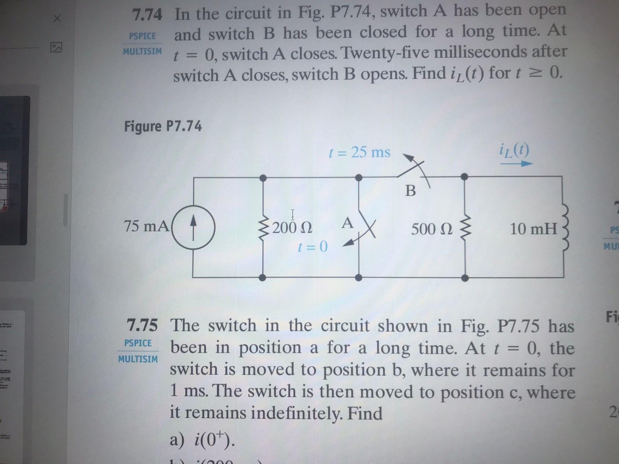 Solved 7.74 ﻿In the circuit in Fig. P7.74, ﻿switch A has | Chegg.com
