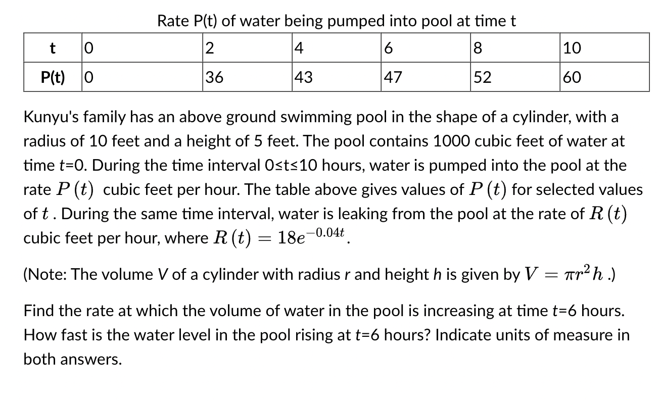 Solved Rate P(t) of ﻿water being pumped into pool at ﻿time | Chegg.com