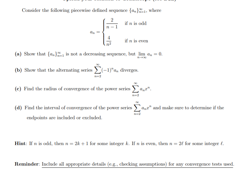 Consider the following piecewise defined sequence | Chegg.com