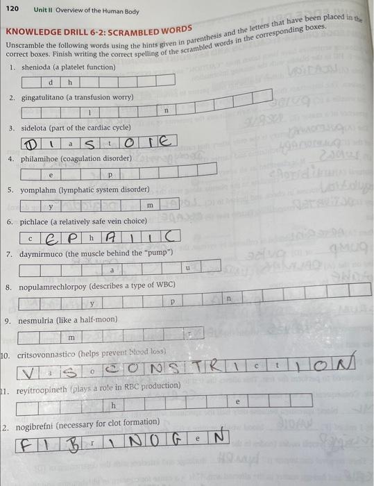 Solved 120 Unit II Overview of the Human Body Unscramble the | Chegg.com