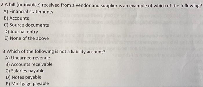 Solved 2 A bill (or invoice) received from a vendor and | Chegg.com