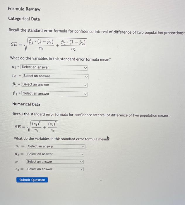 Solved Formula Review Categorical Data Recall the standard | Chegg.com