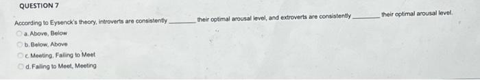 Solved QUESTION 7 According to Eysenck's theory, introverts | Chegg.com