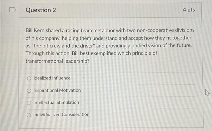 Solved Idealized influence includes embracing the leadership | Chegg.com