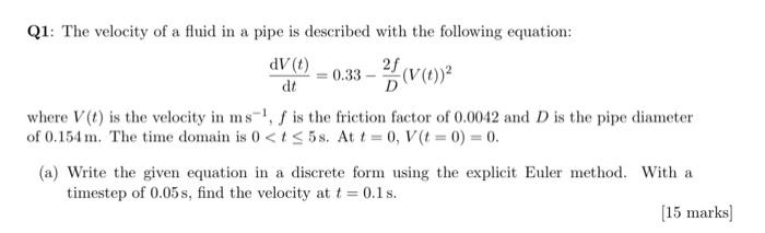 Solved Q1: The velocity of a fluid in a pipe is described | Chegg.com
