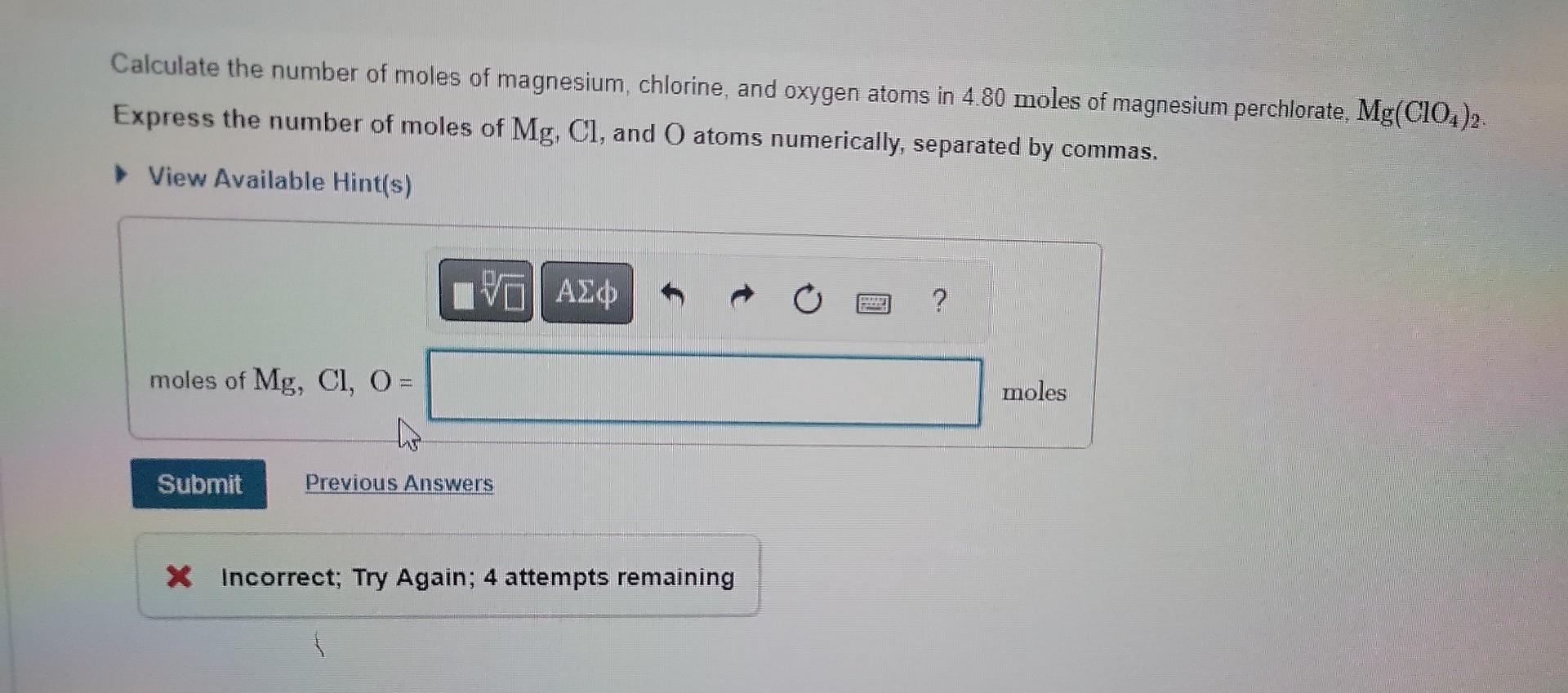 Solved Calculate the number of moles of magnesium, chlorine, | Chegg.com