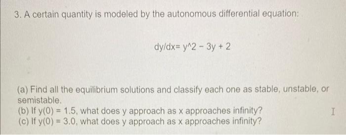 Solved 3. A certain quantity is modeled by the autonomous | Chegg.com