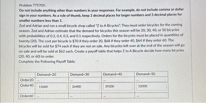 Solved Problem 775705: Do not include anything other than | Chegg.com
