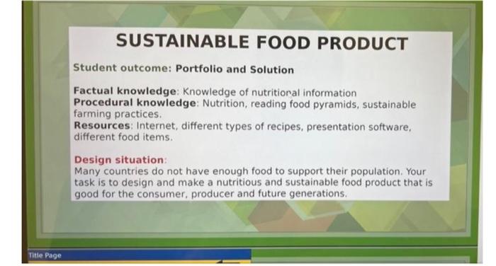 Solved SUSTAINABLE FOOD PRODUCT Student outcome: Portfolio | Chegg.com