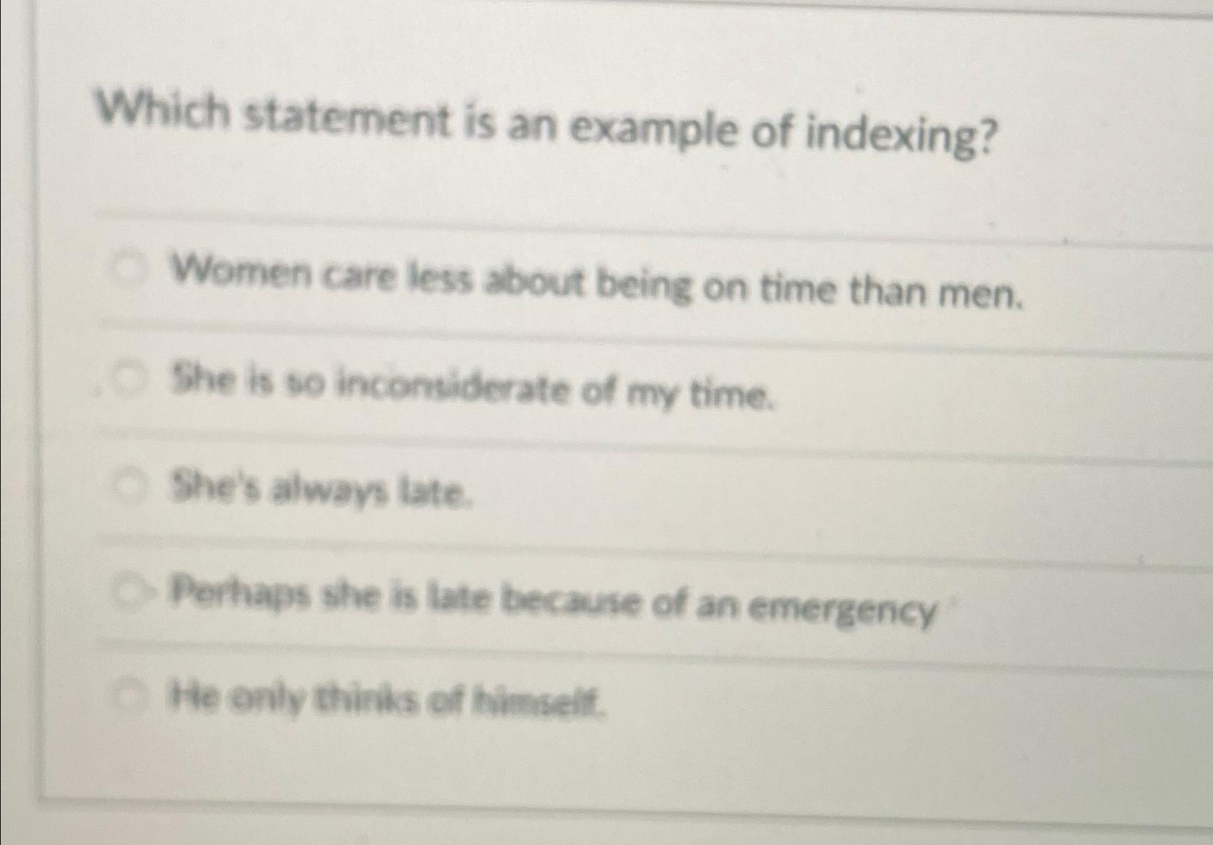 Solved Which statement is an example of indexing?Women care | Chegg.com