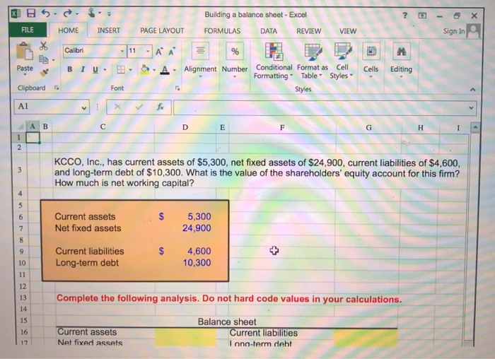 Solved Building a balance sheet- Excel X FILE НOME INSERT | Chegg.com