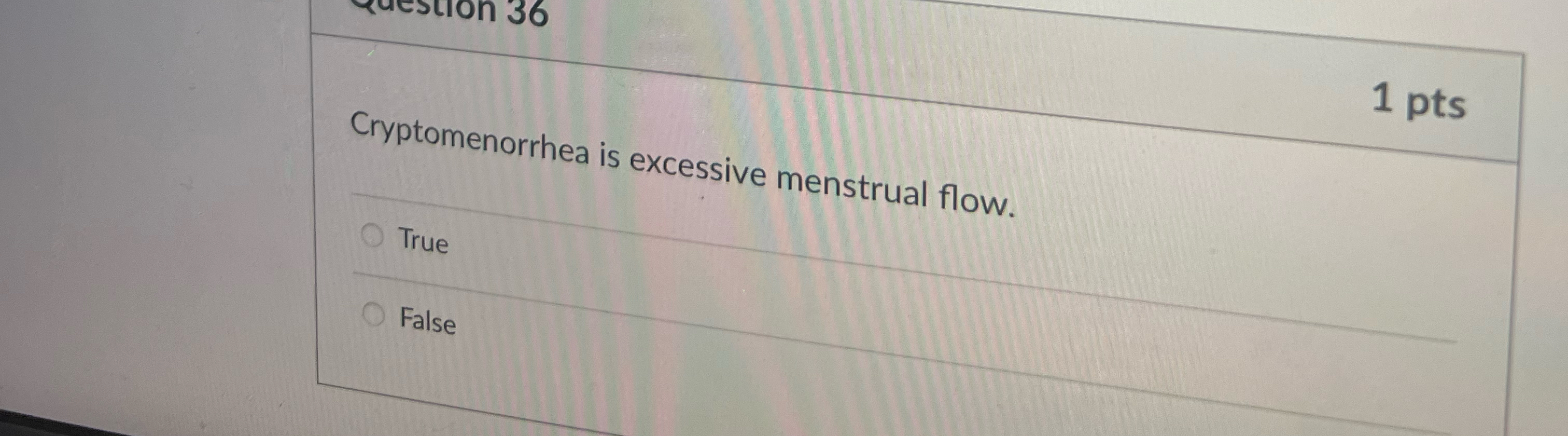 Solved 1 ﻿ptsCryptomenorrhea is excessive menstrual | Chegg.com