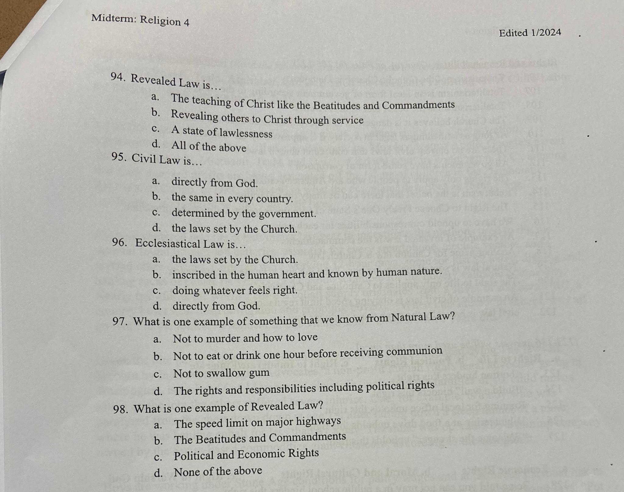 Solved 94. ﻿Revealed Law is...a. ﻿The teaching of Christ | Chegg.com