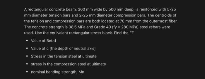 Solved A rectangular concrete beam, 300 mm wide by 500 mm | Chegg.com