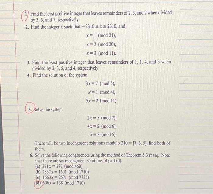 Solved 1. Find the least positive integer that leaves | Chegg.com