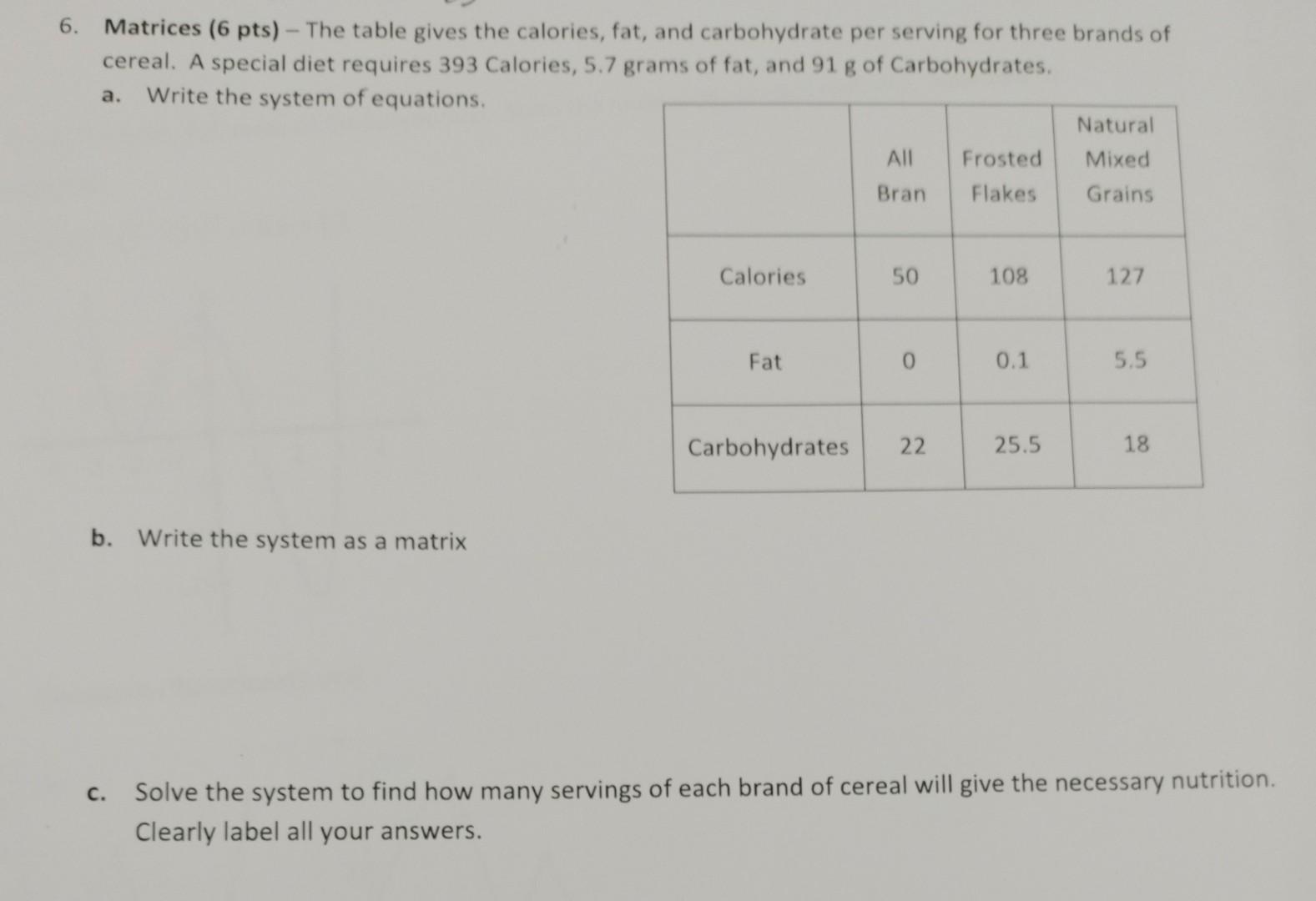 Solved 6. Matrices (6 pts) - The table gives the calories, | Chegg.com