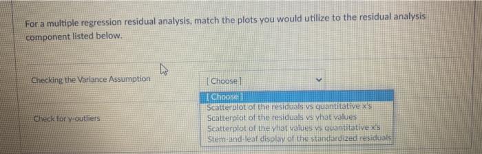 Solved For a multiple regression residual analysis, match | Chegg.com