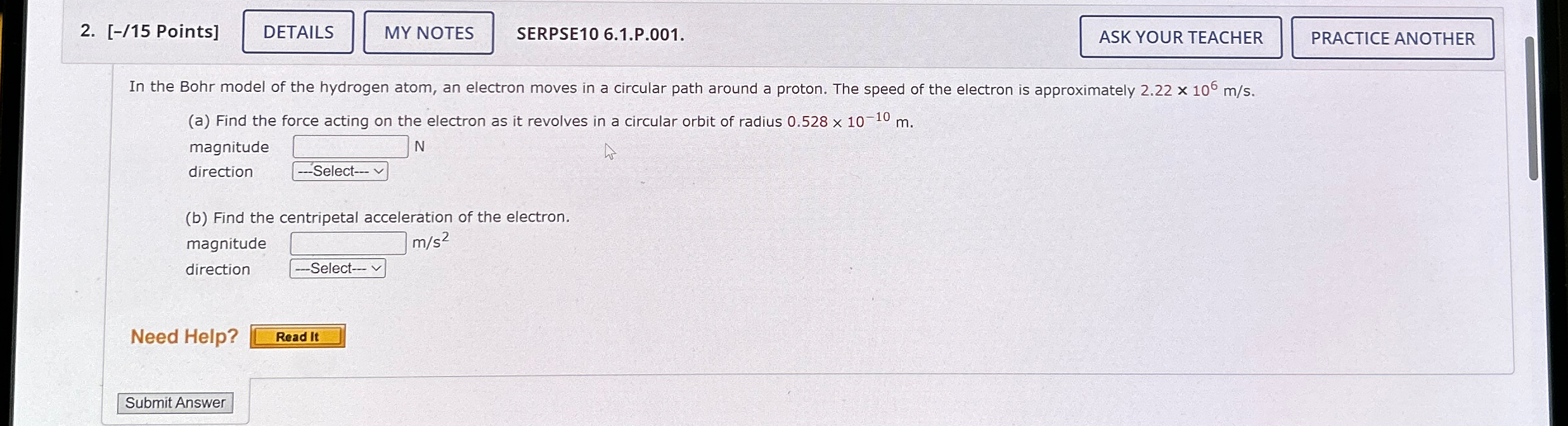 Solved Points]SERPSE10 6.1.P.001.In the Bohr model of the | Chegg.com
