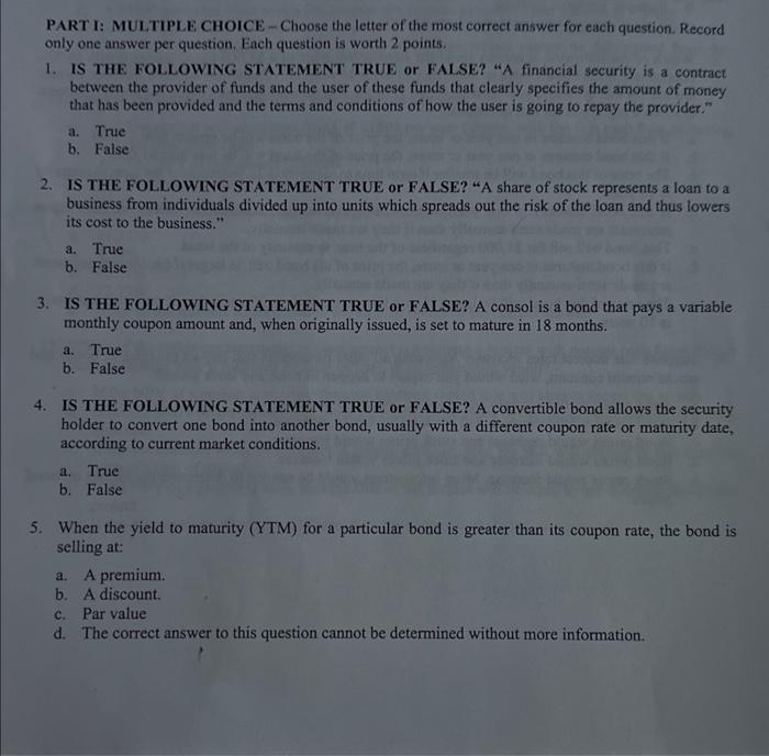 Solved PART I: MULTIPLE CHOICE - Choose the letter of the | Chegg.com