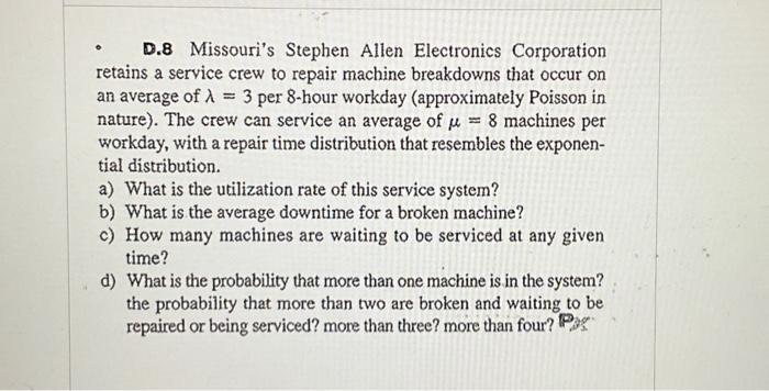 Solved D.8 Missouri's Stephen Allen Electronics Corporation | Chegg.com