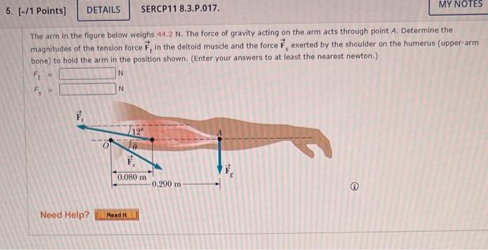 [Solved]: The arm in the figure below weighs ( 44.2 mathr