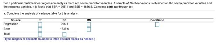 Solved For a particular multiple linear regression analysis | Chegg.com