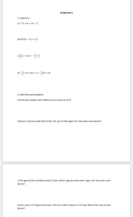 Solved 1. Solve for x1 a) −7x+6=2x−3 b) 0.5(5x−3)=12 c) | Chegg.com