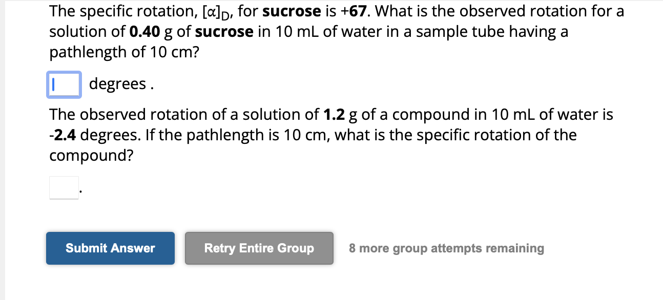 Solved The specific rotation, [α]D, ﻿for sucrose is +67 . | Chegg.com