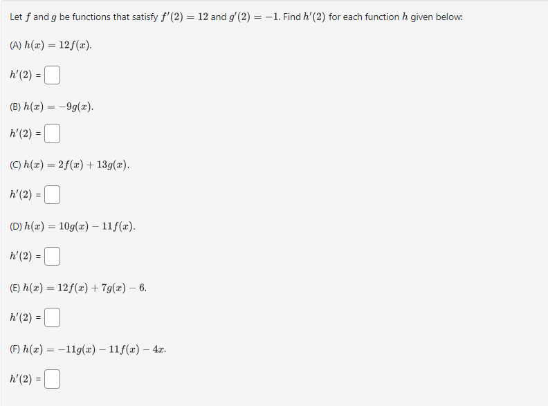 Solved Let f ﻿and g ﻿be functions that satisfy f'(2)=12 ﻿and | Chegg.com