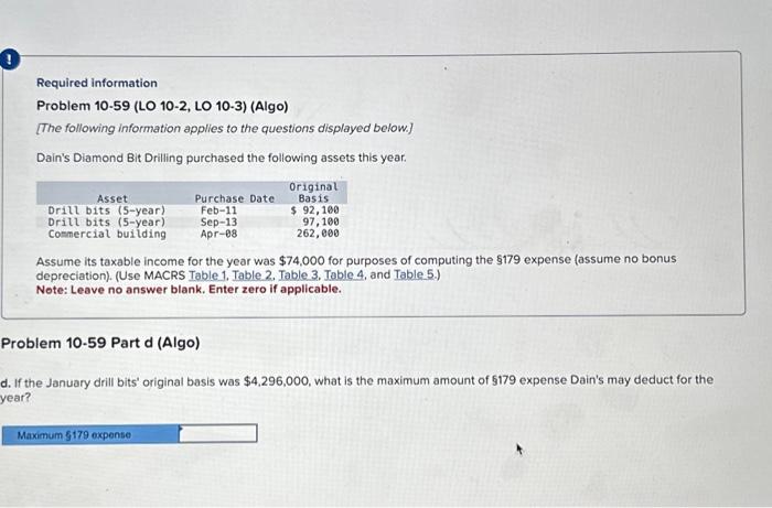 Solved Required information Problem 10-59 (LO 10-2, LO 10-3) | Chegg.com
