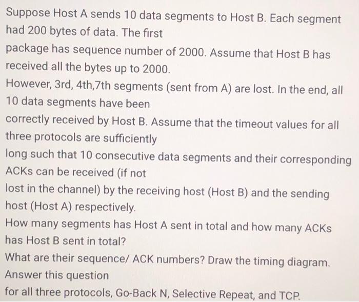 Solved Suppose Host A Sends 10 Data Segments To Host B Each 