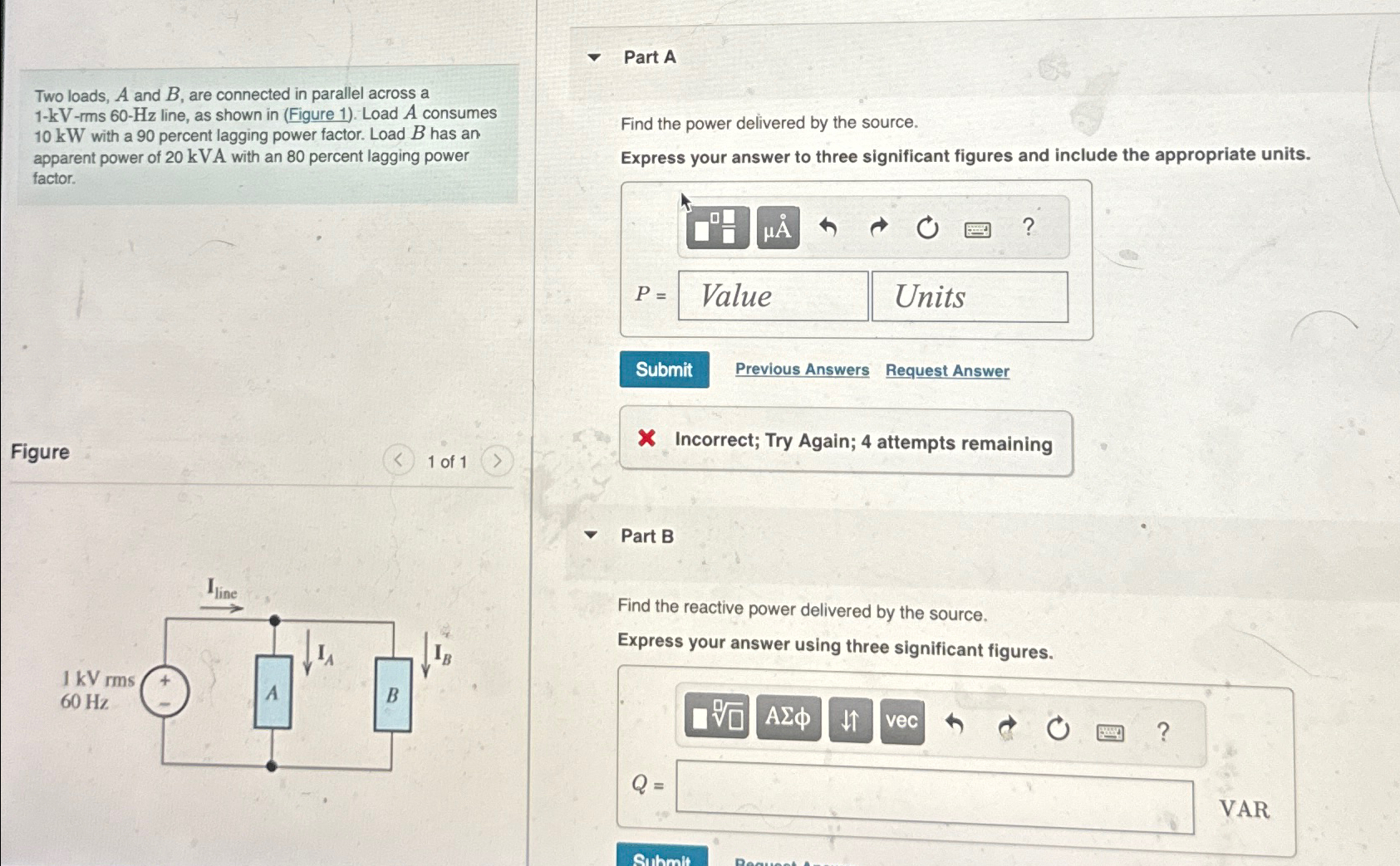 Solved Two loads, A and B, ﻿are connected in parallel across | Chegg.com