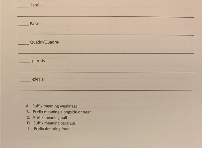 Solved Hemi- Para- Quadri/Quadra- -paresis -plegia A. Suffix | Chegg.com