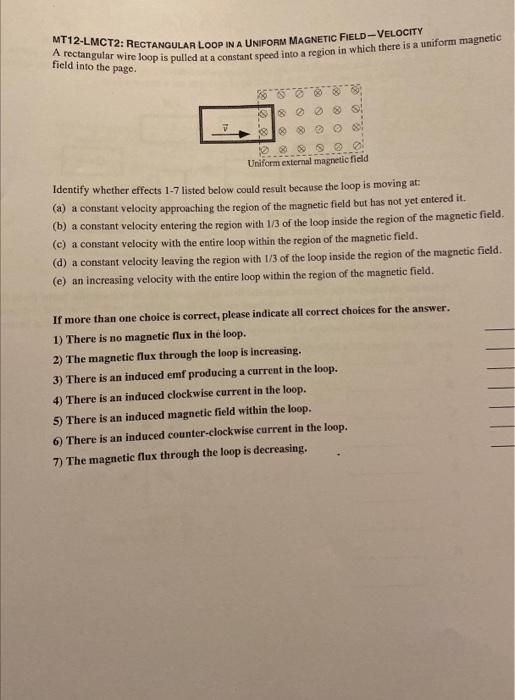 Solved MT12-LMCT2: RECTANGULAA LOOP IN A UNIFOAM MAGNETIC | Chegg.com