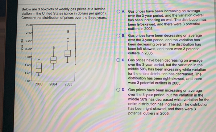 Solved O Below are 3 boxplots of weekly gas prices at a | Chegg.com