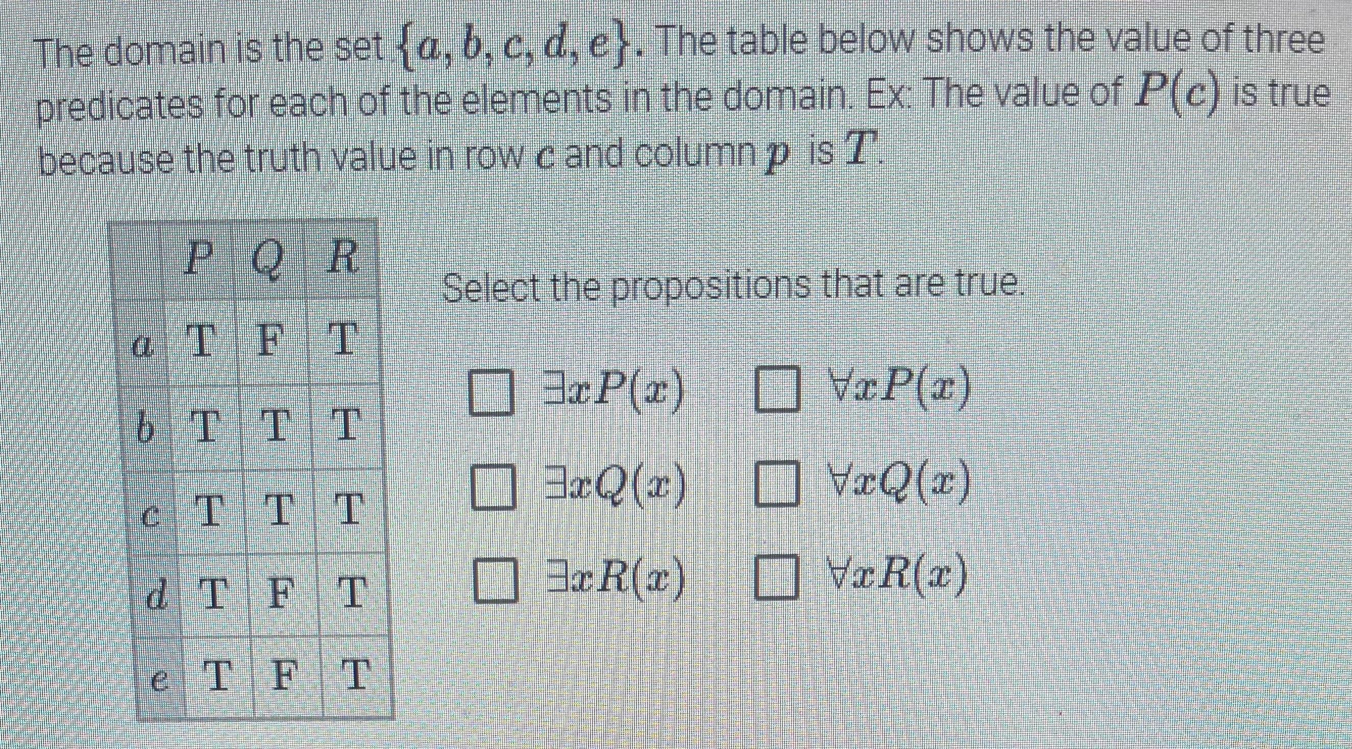 Solved The domain is the set {a,b,c,d,e}. ﻿The table below | Chegg.com