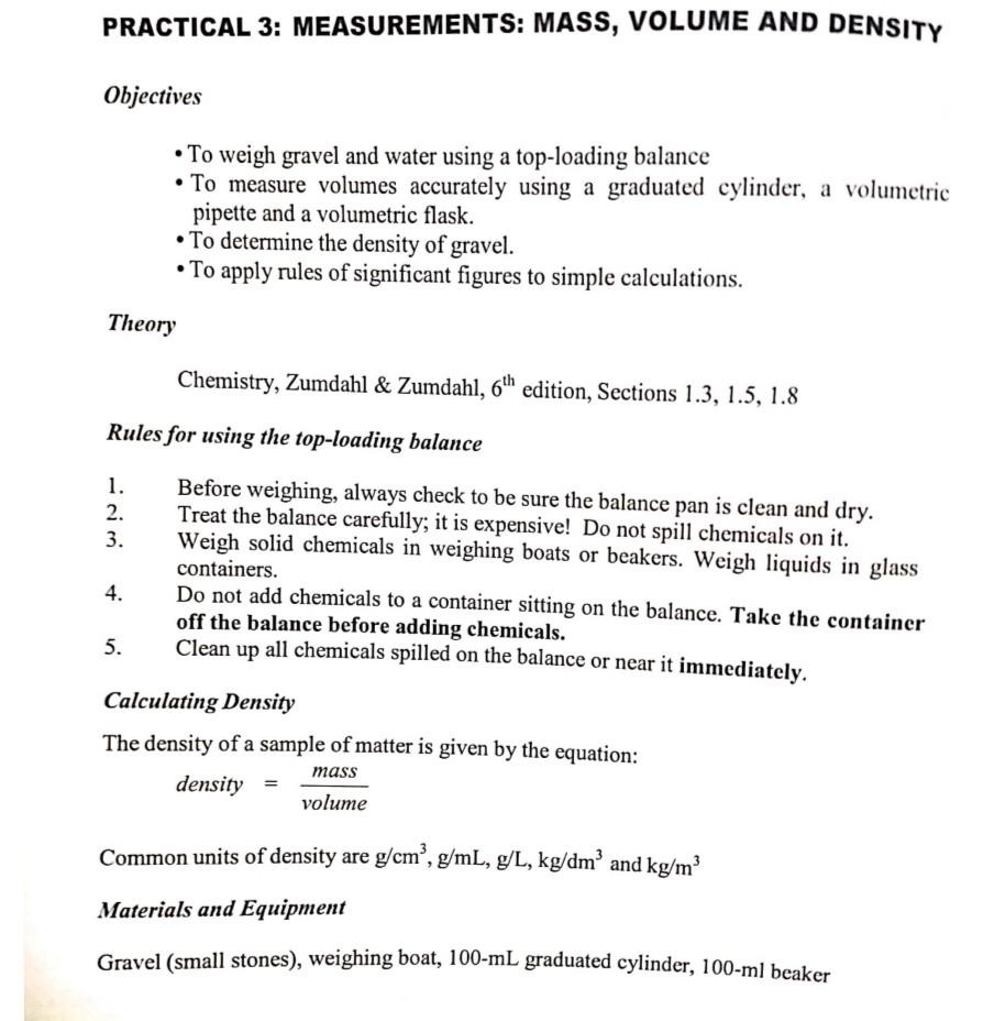 Solved PRACTICAL 3: MEASUREMENTS: MASS, VOLUME AND DENSITY | Chegg.com