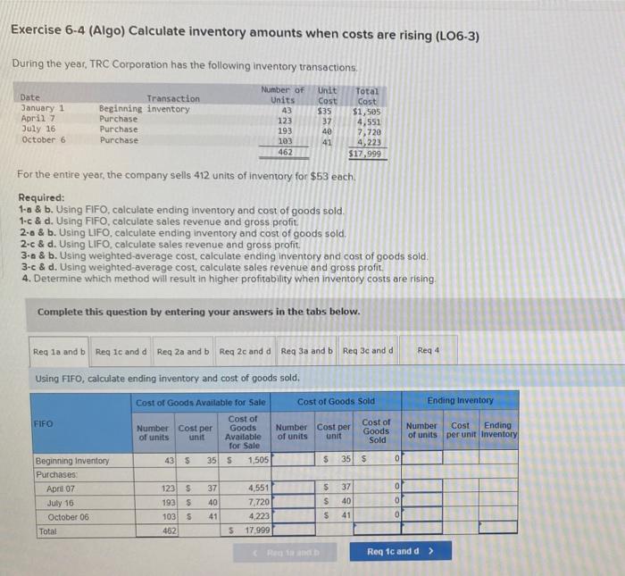 Solved Exercise 6-4 (Algo) Calculate inventory amounts when | Chegg.com