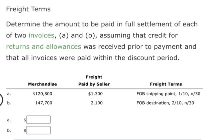 Solved Freight Terms Determine the amount to be paid in full | Chegg.com