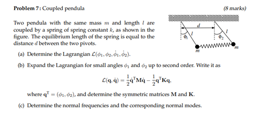 Solved Problem 7: Coupled pendulaTwo pendula with the same | Chegg.com