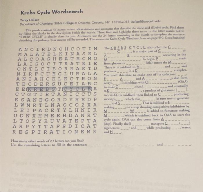 Solved Krebs Cycle Wordsearch Terry Helser Dopartment of | Chegg.com