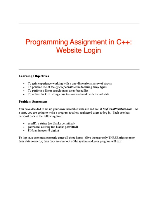 Solved Programming Assignment C++: Website LoginREALLY NEED | Chegg.com