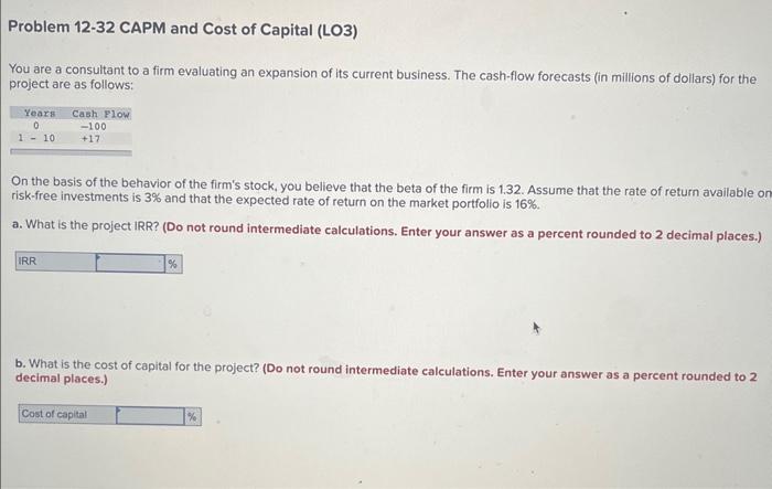 Solved Problem 12-32 CAPM and Cost of Capital (LO3) You are | Chegg.com
